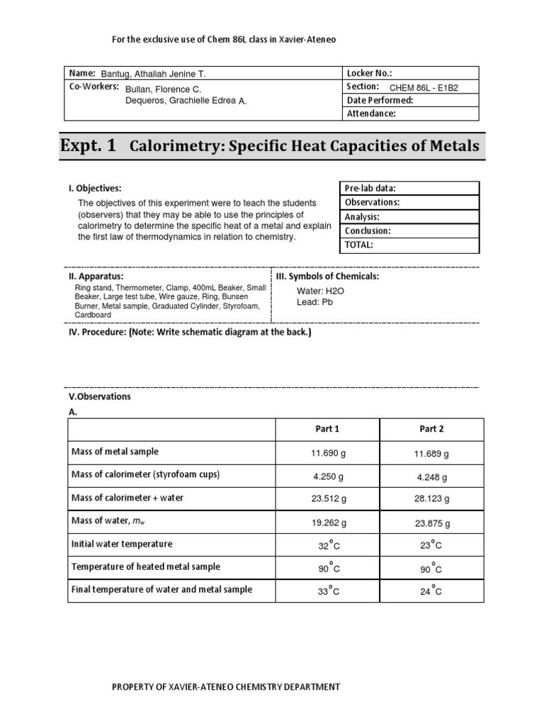 Lab Report 1 - Calorimetry: Specific Heat Capacities of Metals | PDF | Heat | Temperature