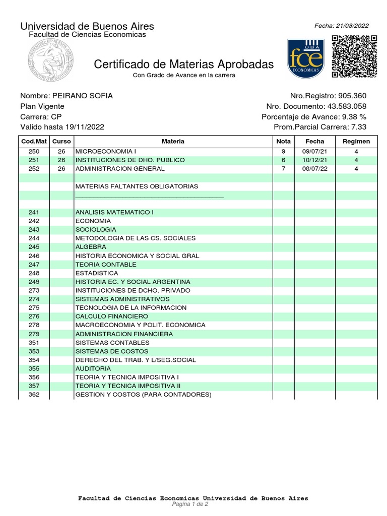 Certificado de Materias Aprobadas: Universidad de Buenos Aires | PDF | Contabilidad financiera ...