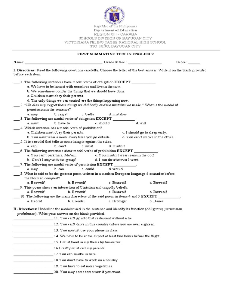 First Summative Test in English 9 | PDF | Beowulf | Geats