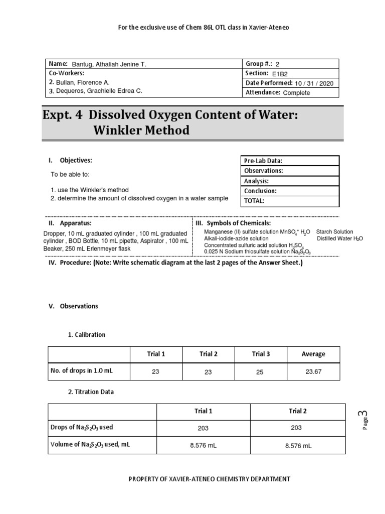Lab Report 4 - Dissolved Oxygen Content of Water: Winkler Method | PDF ... Lab Report 4 - Dissolved Oxygen Content of Water: Winkler Method | PDF ...