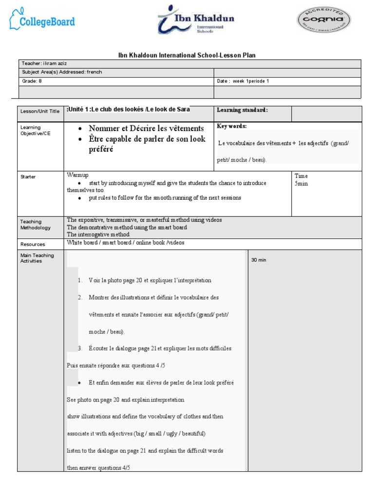 French Lesson Plan Week 1 Periode 1 | PDF | Linguistics | Communication