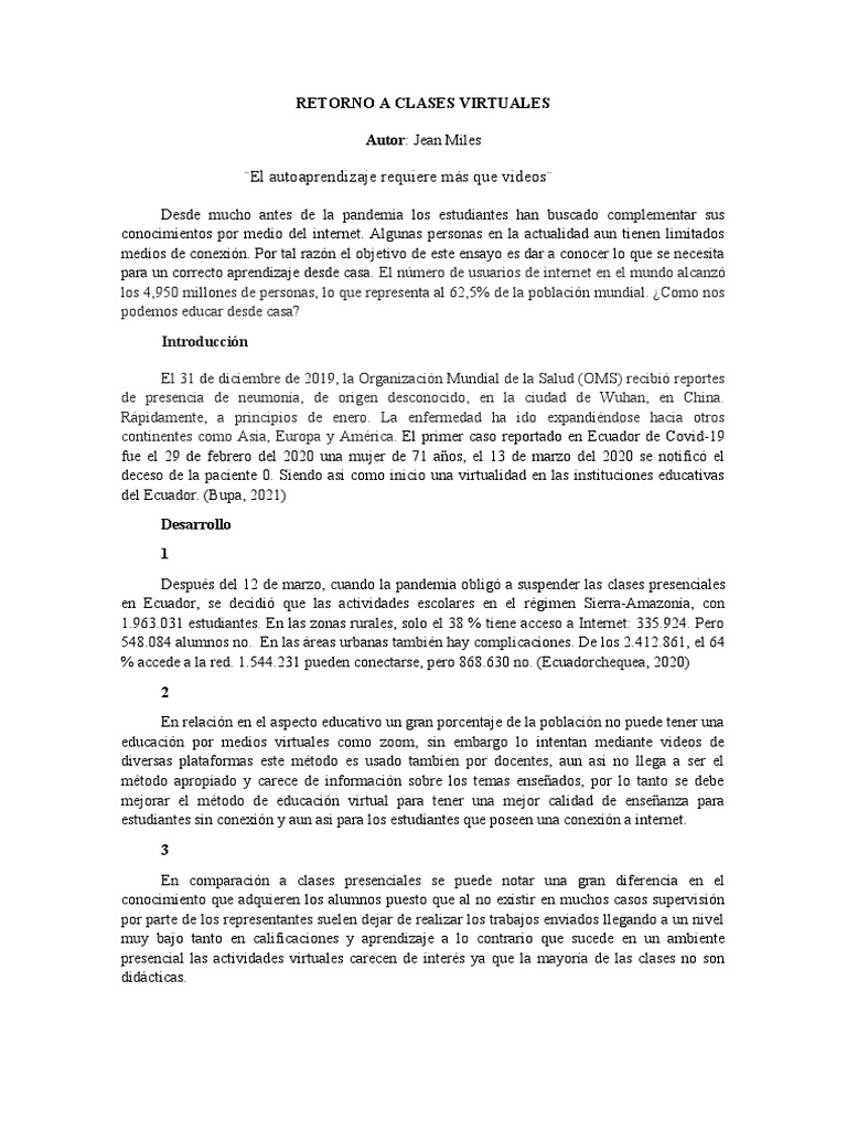 Retorno A Clases Virtuales. Ensayo Jean Miles | PDF | Método de ...