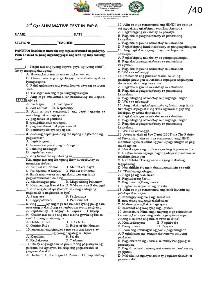 2nd Qtr SUMMATIVE TEST IN EsP 8 (with Answers) | PDF
