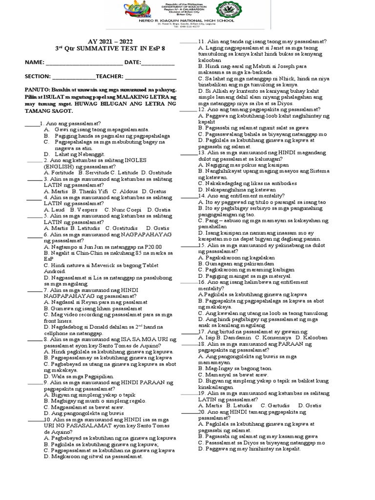 3rd Qtr SUMMATIVE TEST IN EsP 8 (with Answers) | PDF