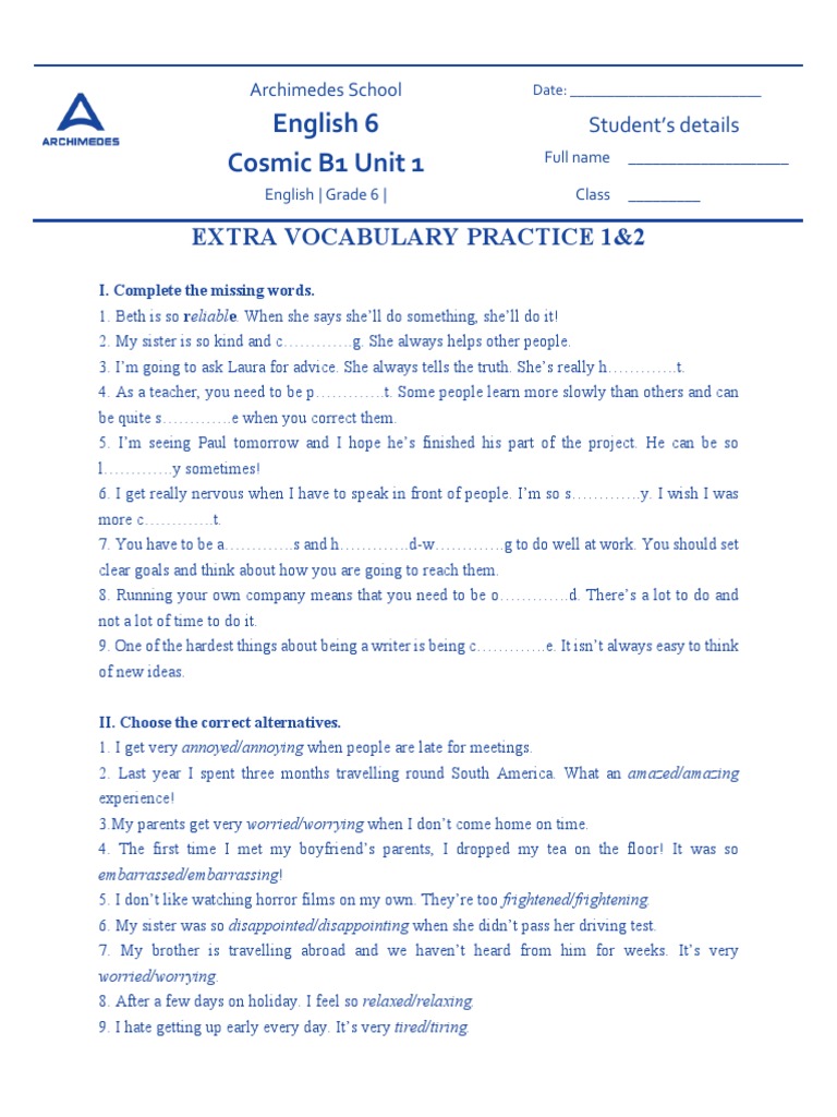 As.G6.PBT - Cosmic B1.Unit1.Extra Vocabulary Practice1&2 | PDF | Newspapers