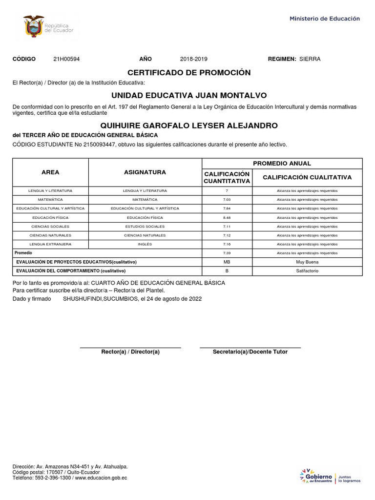 Certificado de Promoción Escolar | PDF