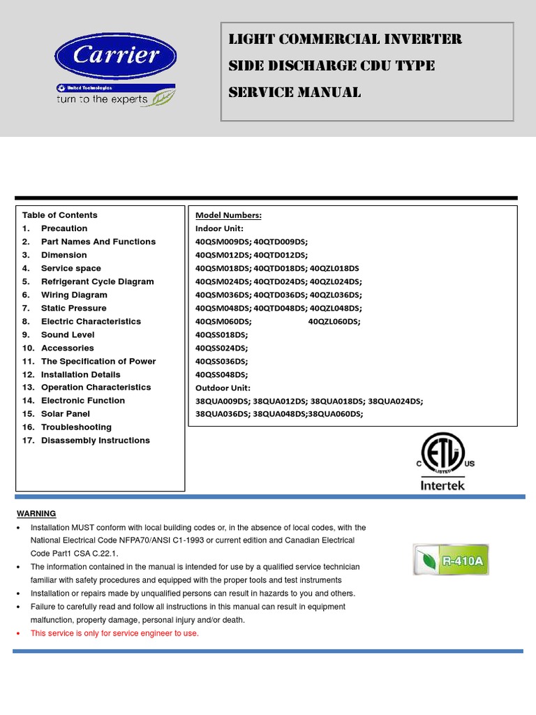 Light Commercial Inverter Side Discharge Cdu Type Service Manual | PDF ...