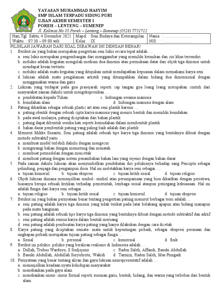 Soal SBK Kelas 9 SMT 1 Jadi | PDF