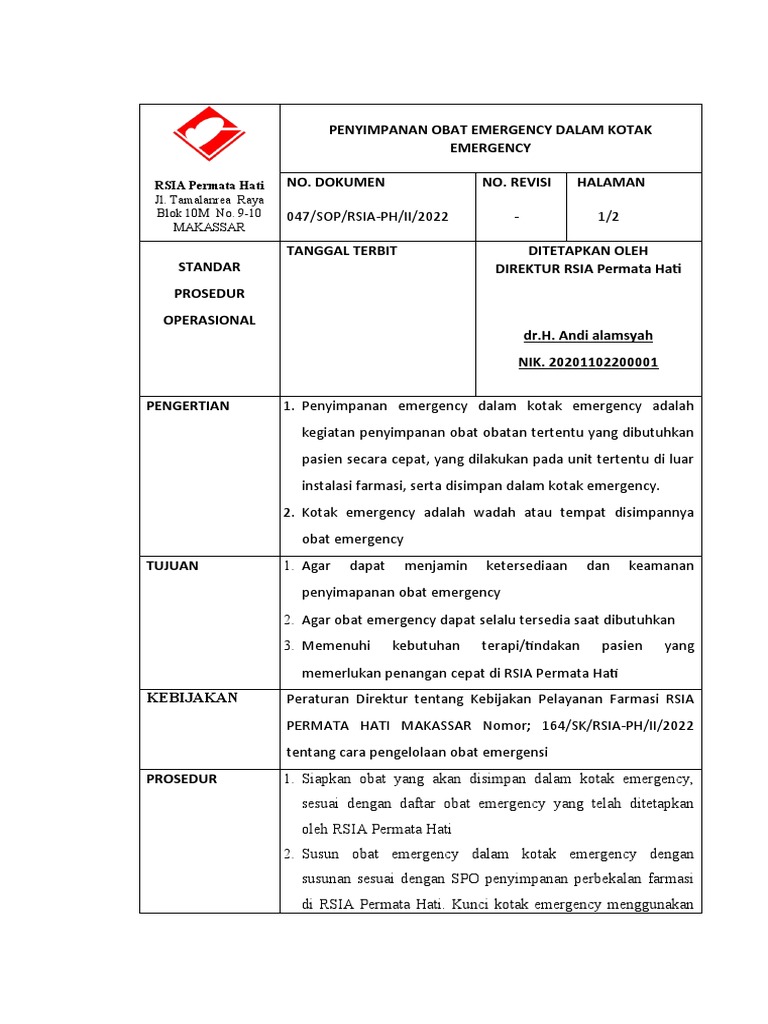 Spo Penyimpanan Obat Emergensi Di Kotak Emergency | PDF
