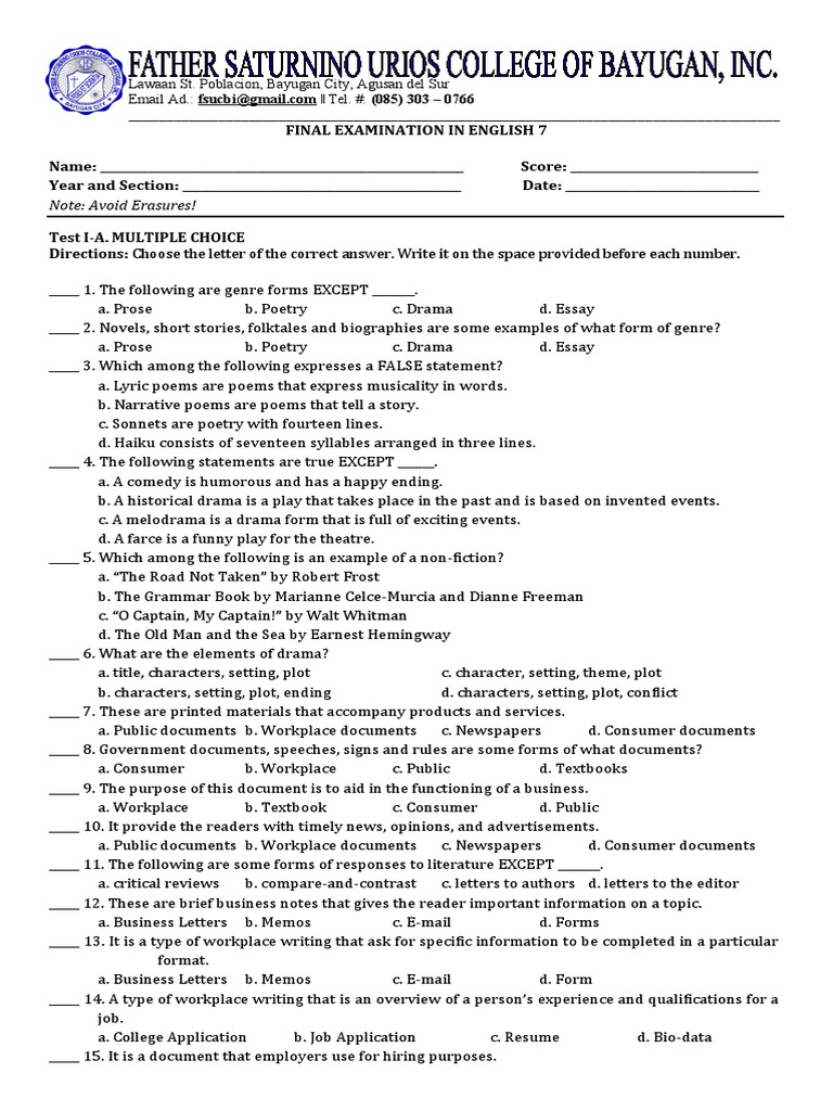 English 7 Final Exam | PDF | Poetry | Essays