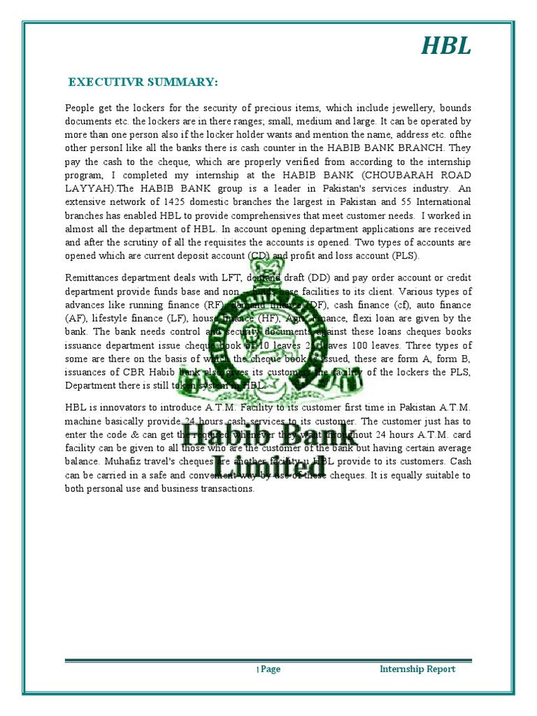HBL Internship Report: Overview & Insights | PDF | Cheque | Banks