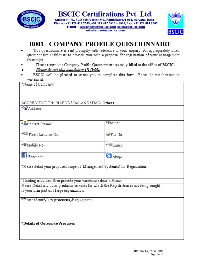 , B001 Company Profile Questionnaire Rev 04 | PDF | Business