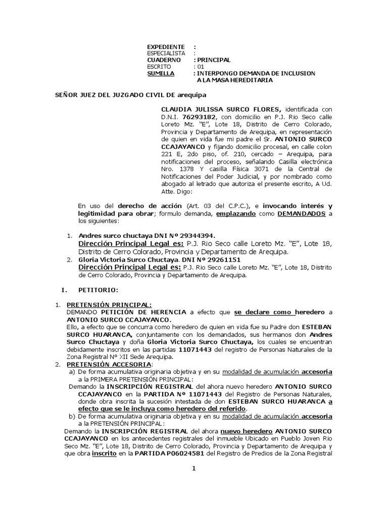 Demanda de Inclusion A La Masa Hereditaria CLAUDIA JULISSA SURCO FLORES ... Demanda de Inclusion A La Masa Hereditaria CLAUDIA JULISSA SURCO FLORES ...