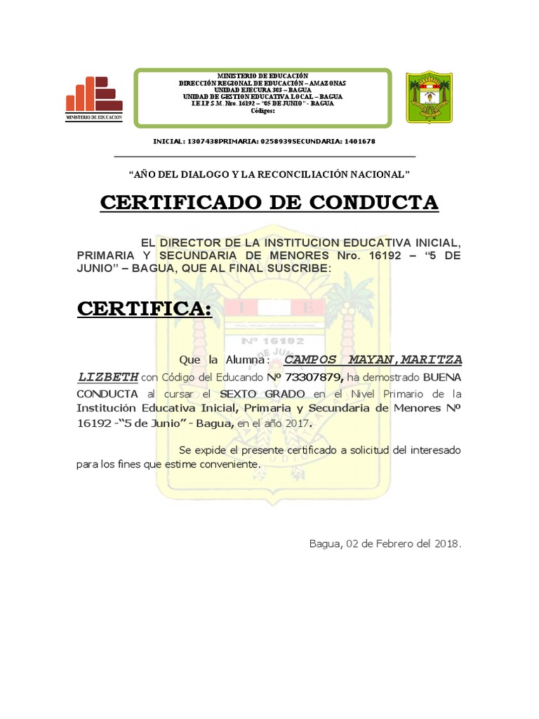 Certificado de Buena Conducta Escolar | PDF