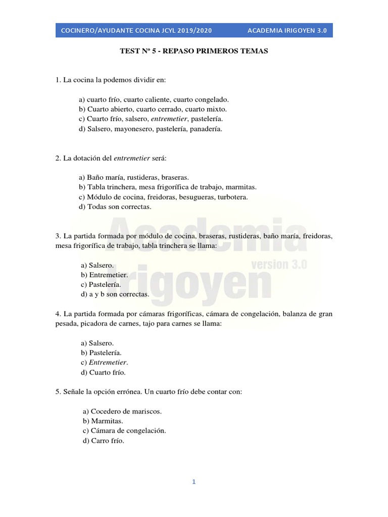 Oposición Ayudante de Cocina Junta de Castilla y León Test Repaso Temas ...