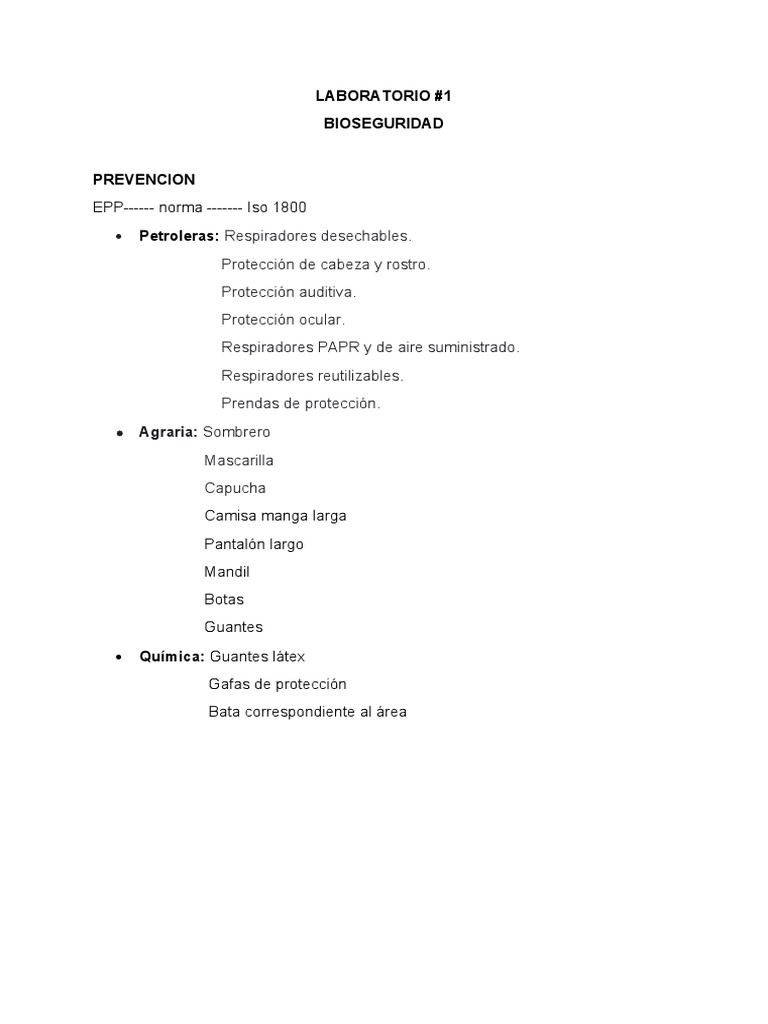 EPP - Norma - Iso 1800: Laboratorio #1 Bioseguridad | PDF | Química