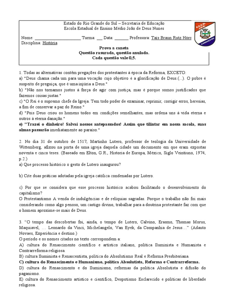 Prova 1º Bimestre 2º Ano 2022 Segunda Opçao | PDF | Renascimento ...