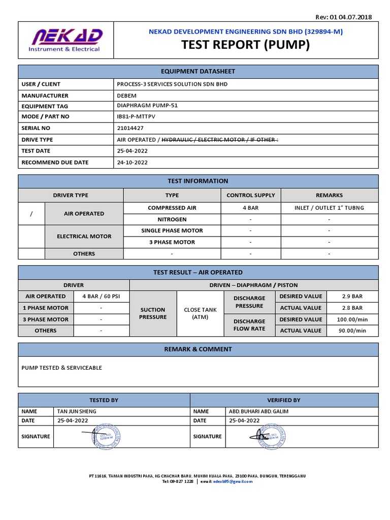 Test Report (Pump) : Nekad Development Engineering SDN BHD (329894-M ...