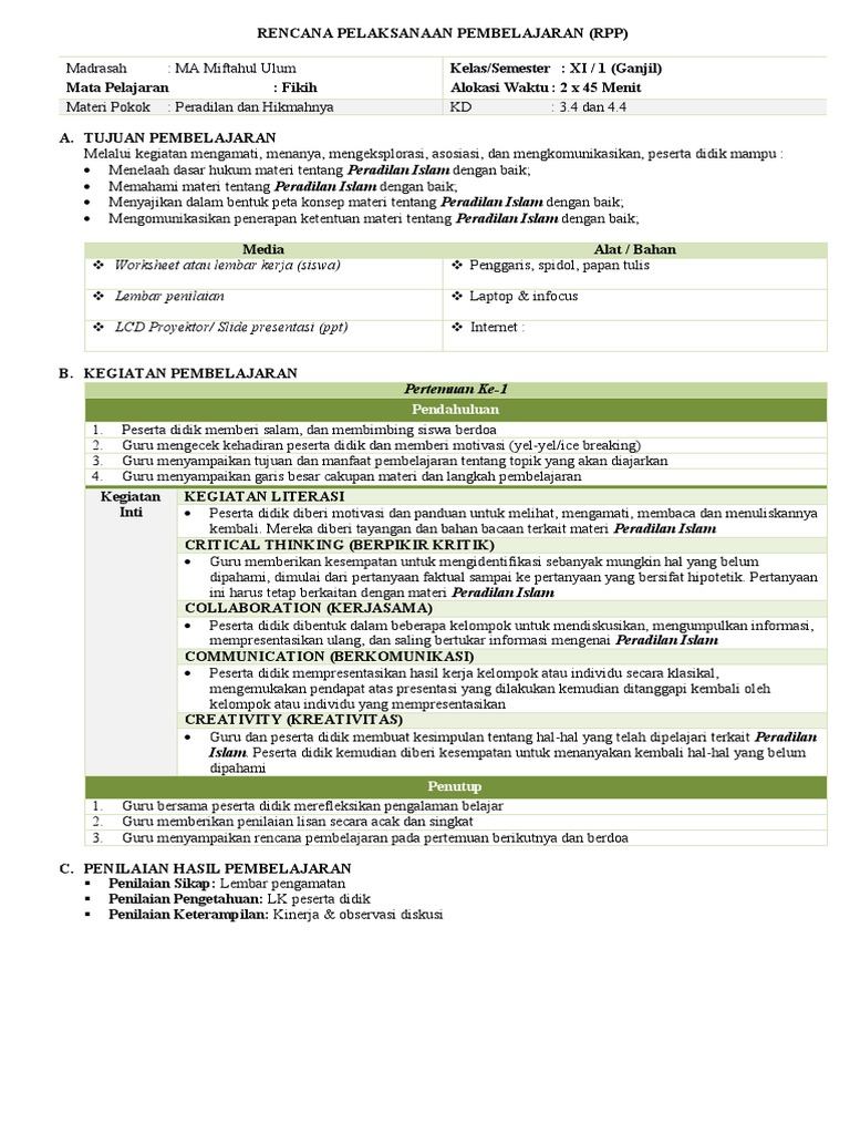 4.1 RPP I Fikih Kelas 11 | PDF