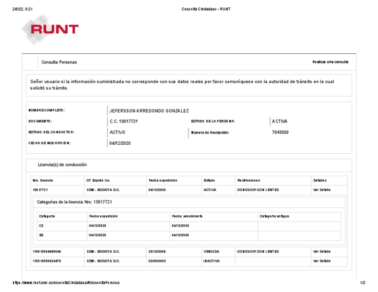 Consulta Ciudadano - RUNT | PDF