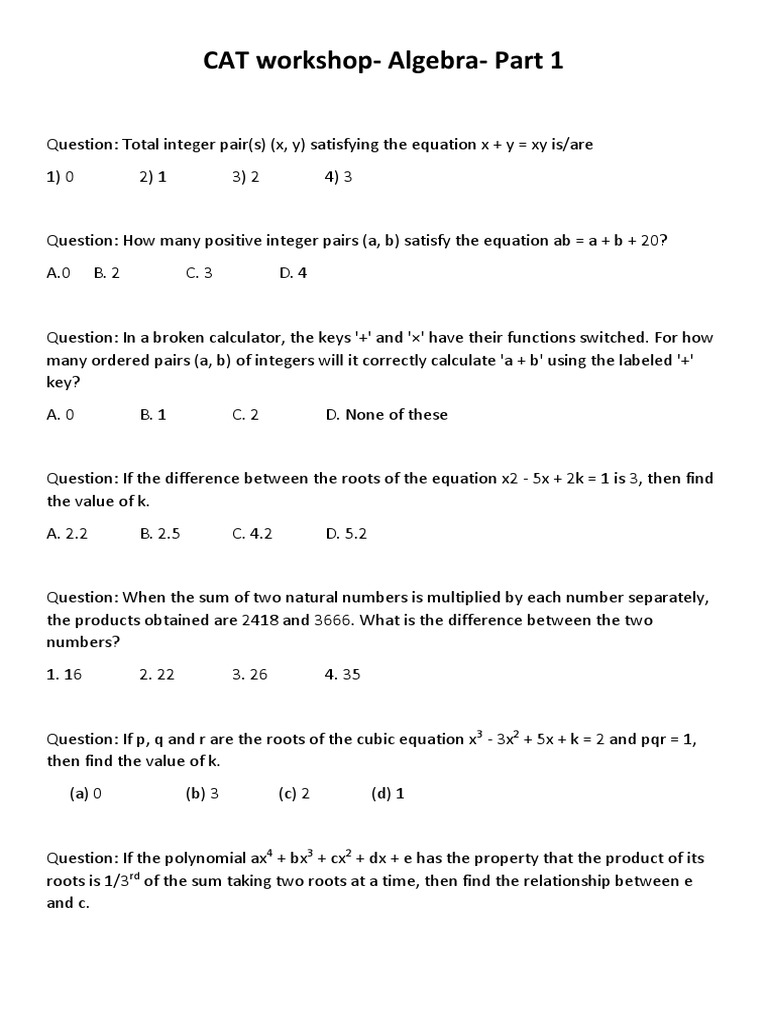 CAT Workshop-Algebra - Part 1 | PDF | Zero Of A Function | Algebra