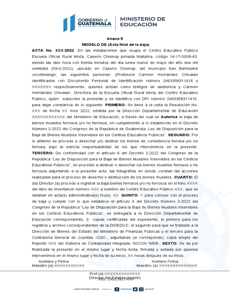 MODELO DE ACTAS BAJA DE INVENTARIOS Chomop 2022 | PDF MODELO DE ACTAS BAJA DE INVENTARIOS Chomop 2022 | PDF