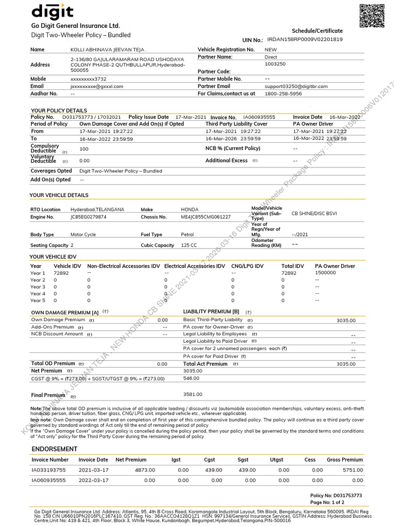 Digit Two-Wheeler Policy - Bundled: Go Digit General Insurance LTD ...