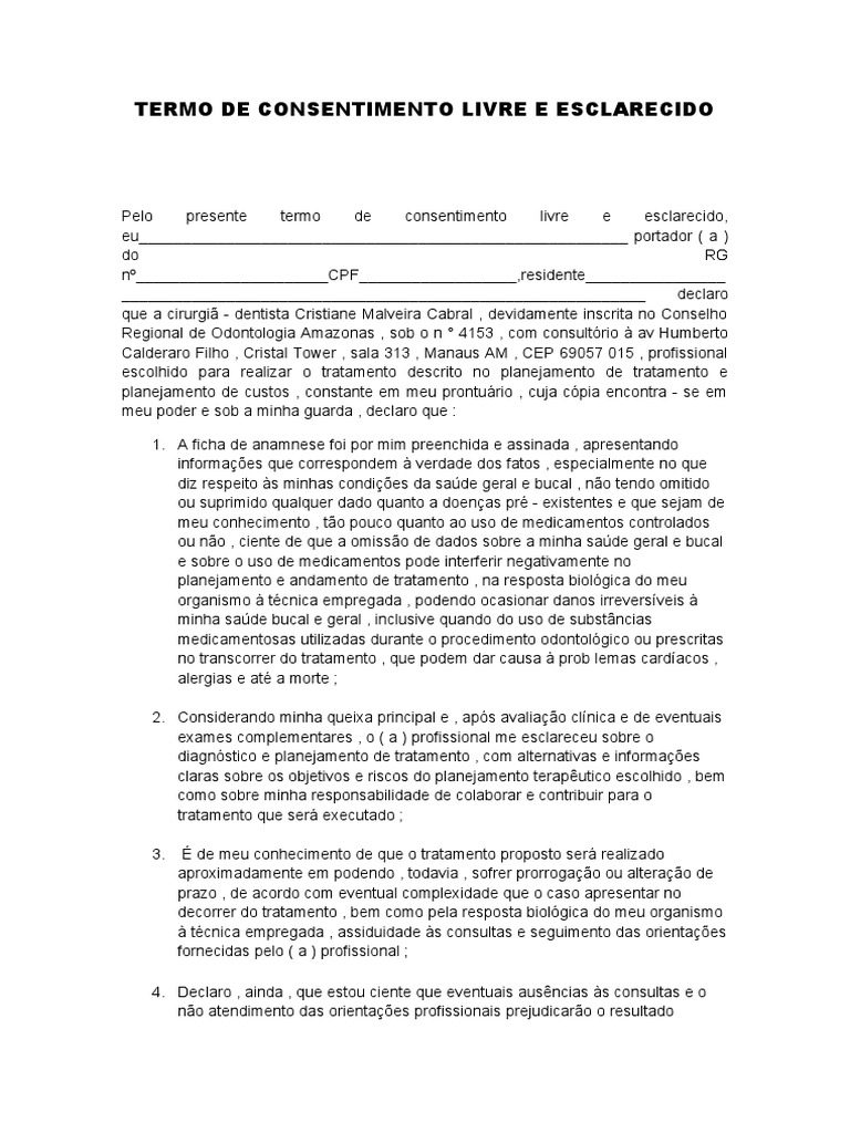 Termo de Consentimento Livre e Esclarecido | PDF | Odontologia | Prótese