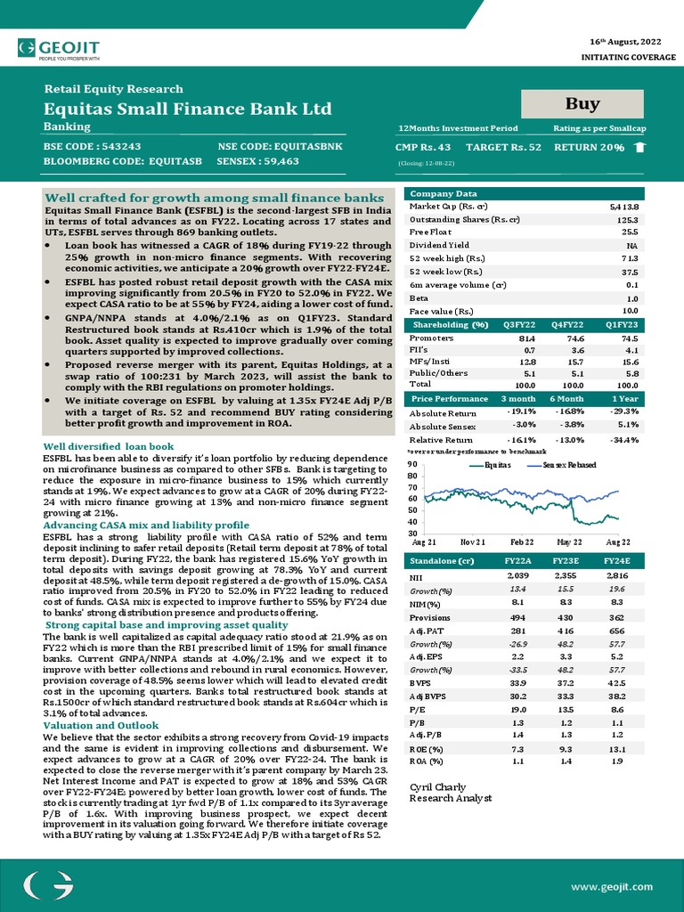 Equitas SFB Initial (Geojit) | PDF | Microfinance | Banks