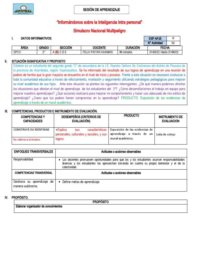 Sesion #03 DPCC 2° Eda 03 Simulacro | PDF | Evaluación | Aprendizaje