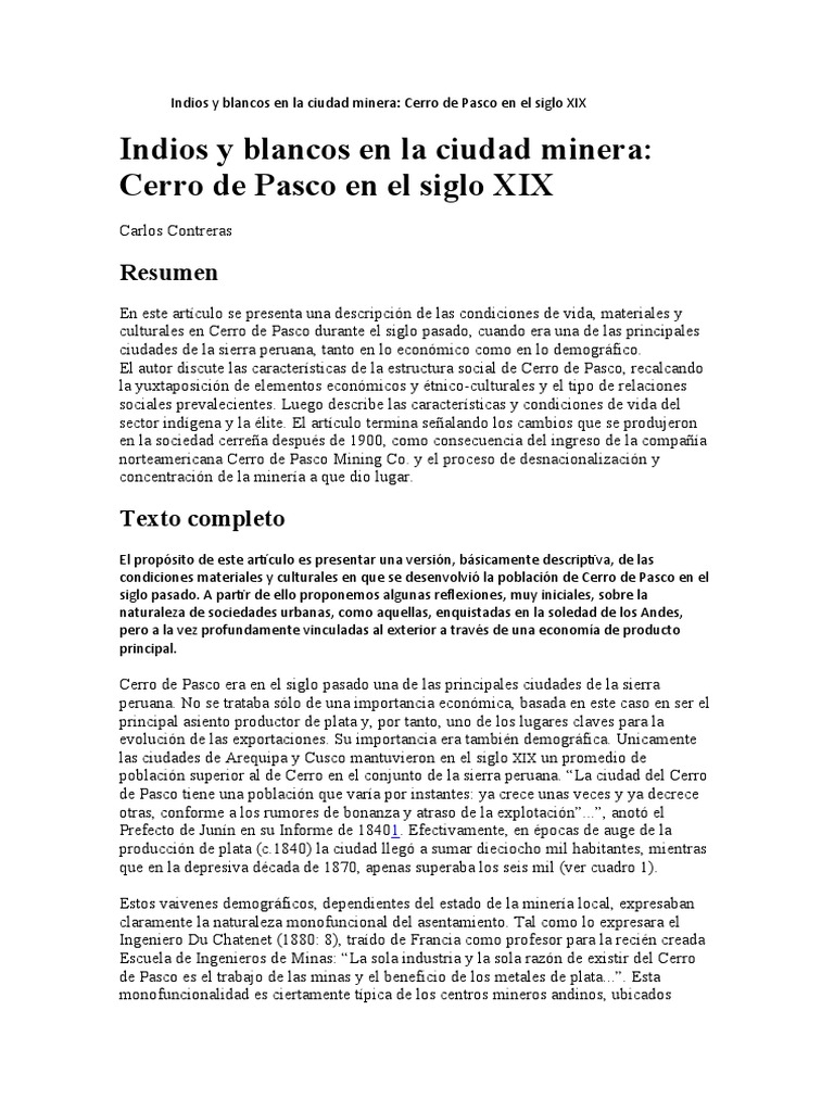 Indios y Blancos en La Ciudad Minera Cerro de Pasco en El Siglo XIX ...