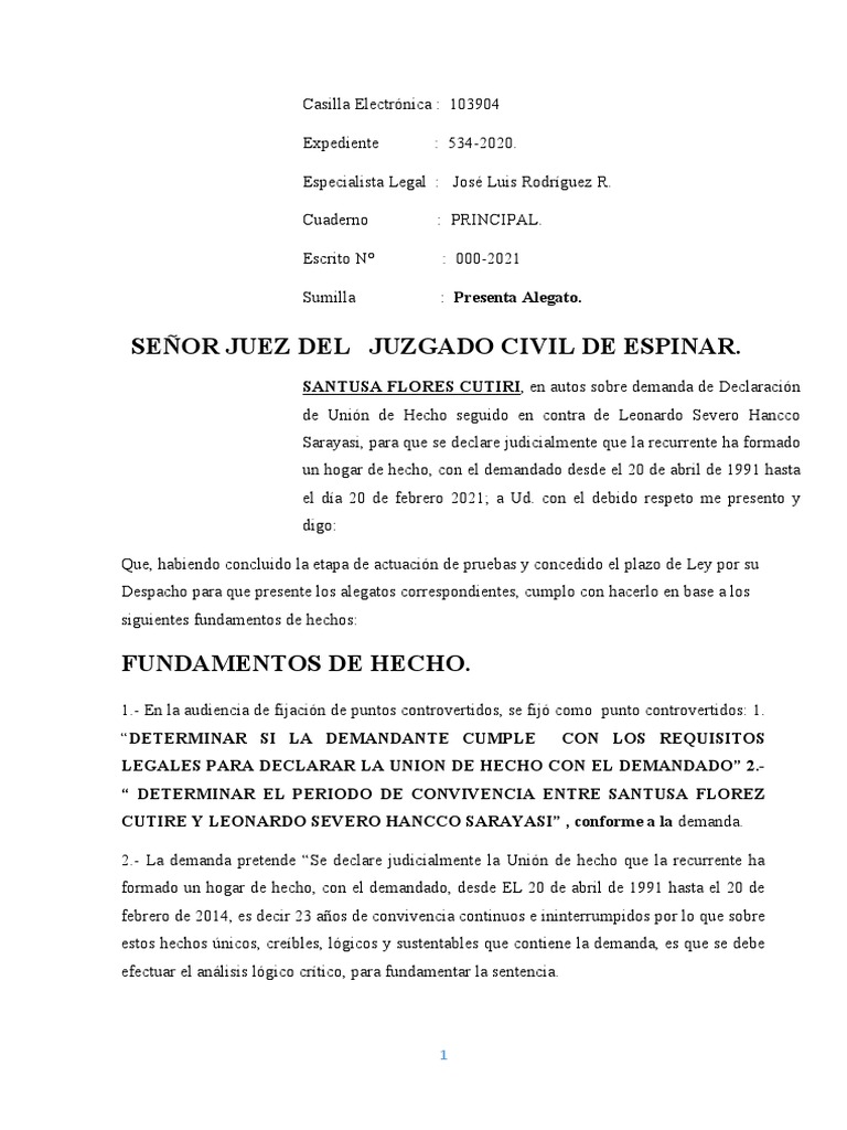 Alegato de Union de Hecho | PDF | Asociación doméstica | Demanda judicial