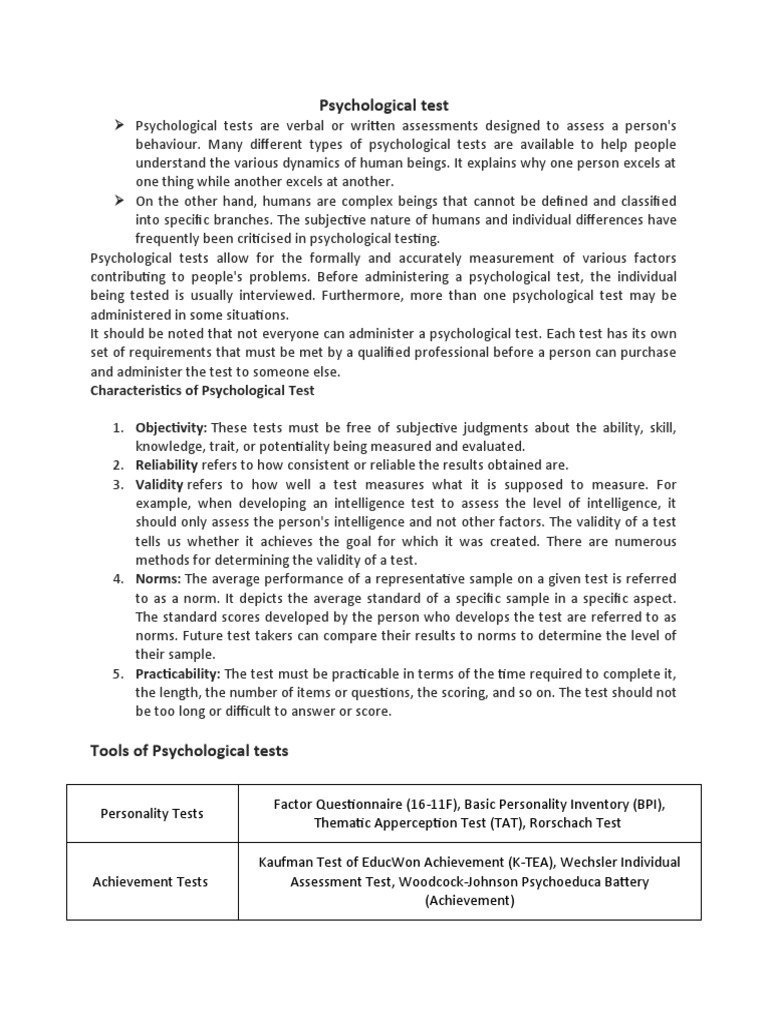 Characteristics of Psychological Test | PDF | Psychological Testing ...