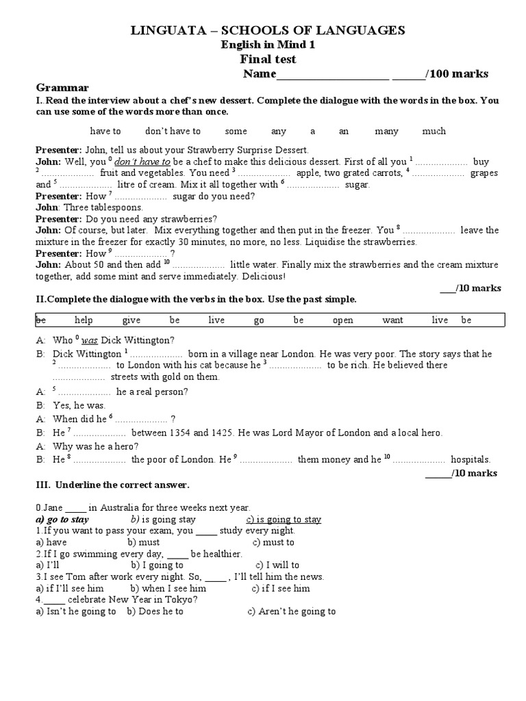 Linguata - Schools of Languages Final Test: English in Mind 1 Grammar | PDF