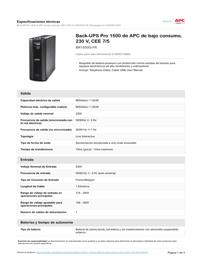 Ups Back UPS Pro 1500 de APC de Bajo Consumo BR1500G 1 | PDF ...