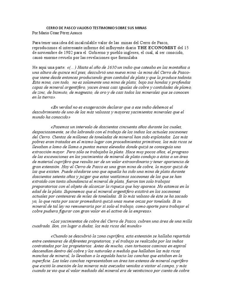 La increíble riqueza de las minas del Cerro de Pasco según un informe de 1902 en The Economist ...