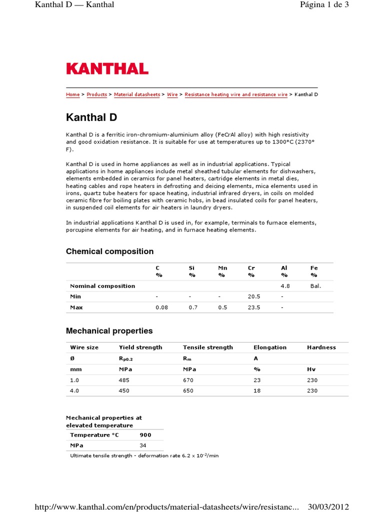 FICHA Kanthal D | PDF | Electrical Resistivity And Conductivity | Ceramics
