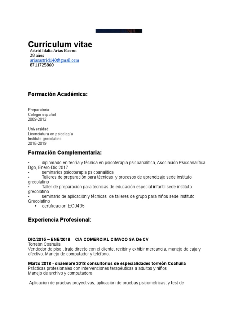 Curriculum ASTRID ARIAS LIIC, EN PSICOLOGIA | PDF | Sicología | Aprendizaje