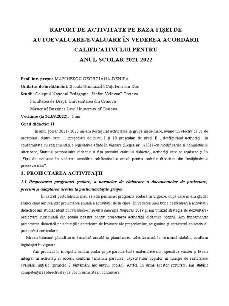 Raport Autoevaluare 2021-2022 Denisa | PDF