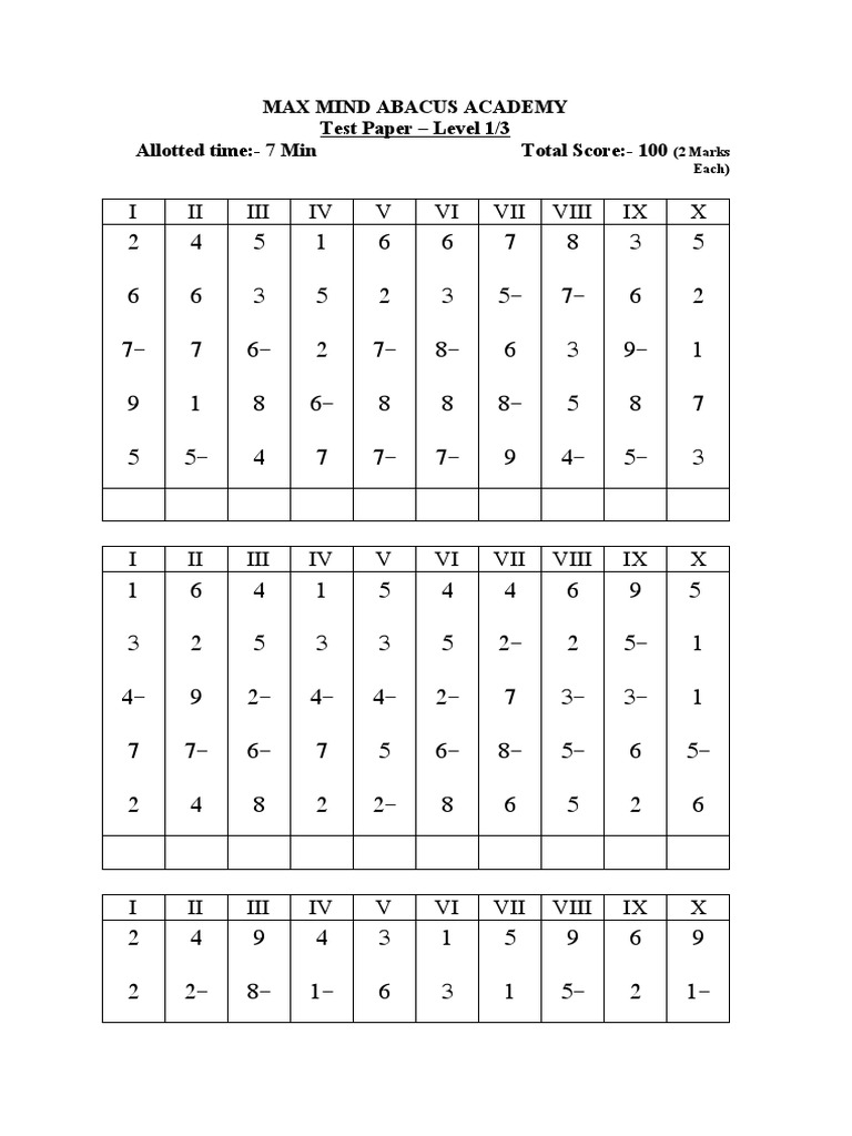 Max Mind Abacus Academy Test Paper - Level 1/3 Allotted Time:-7 Min ...