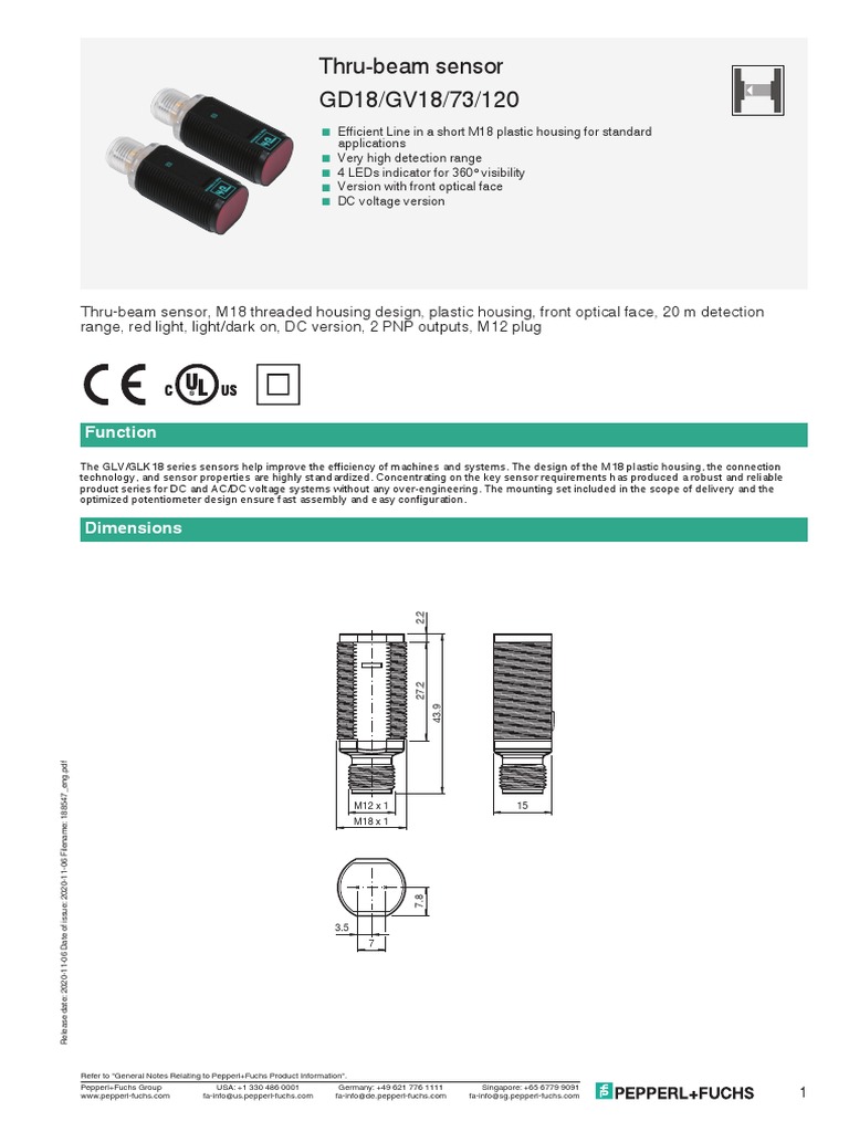 M18 Threaded Housing Thru-Beam Sensor with Plastic Enclosure, Front ...