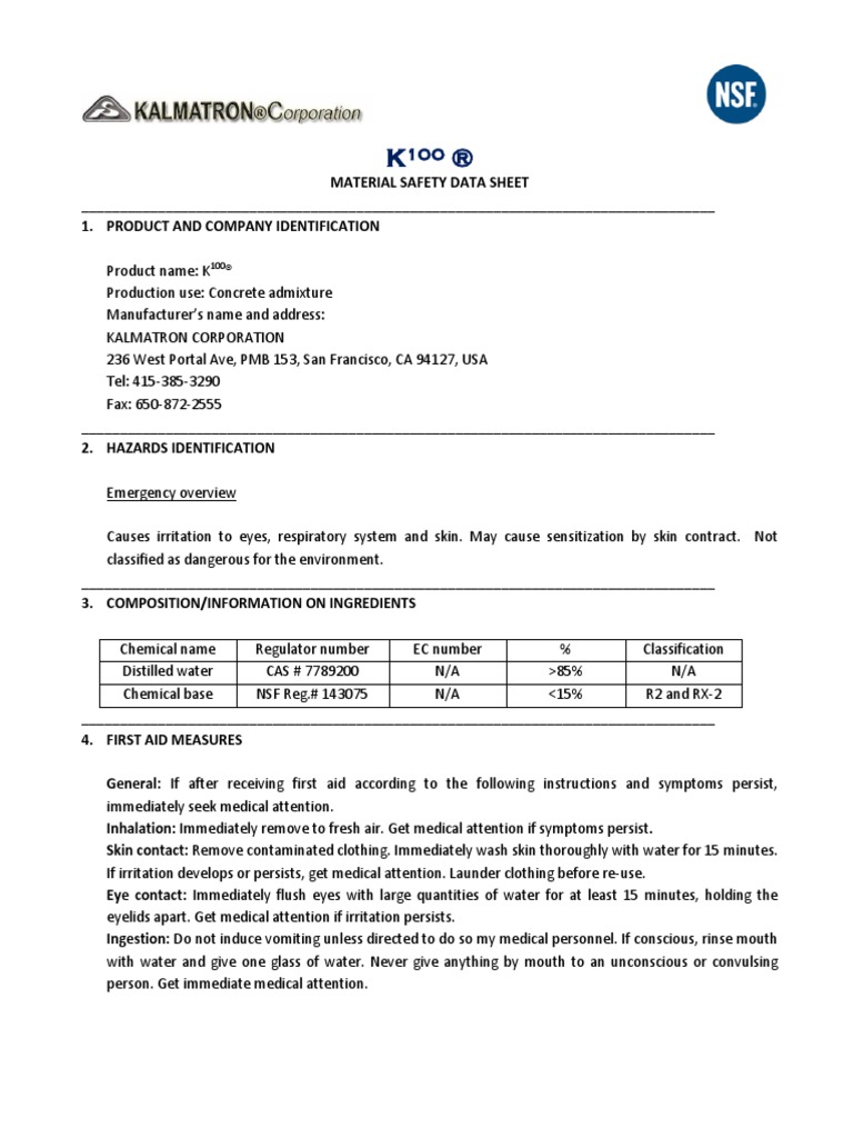 MSDS K100 | PDF | Water | Concrete