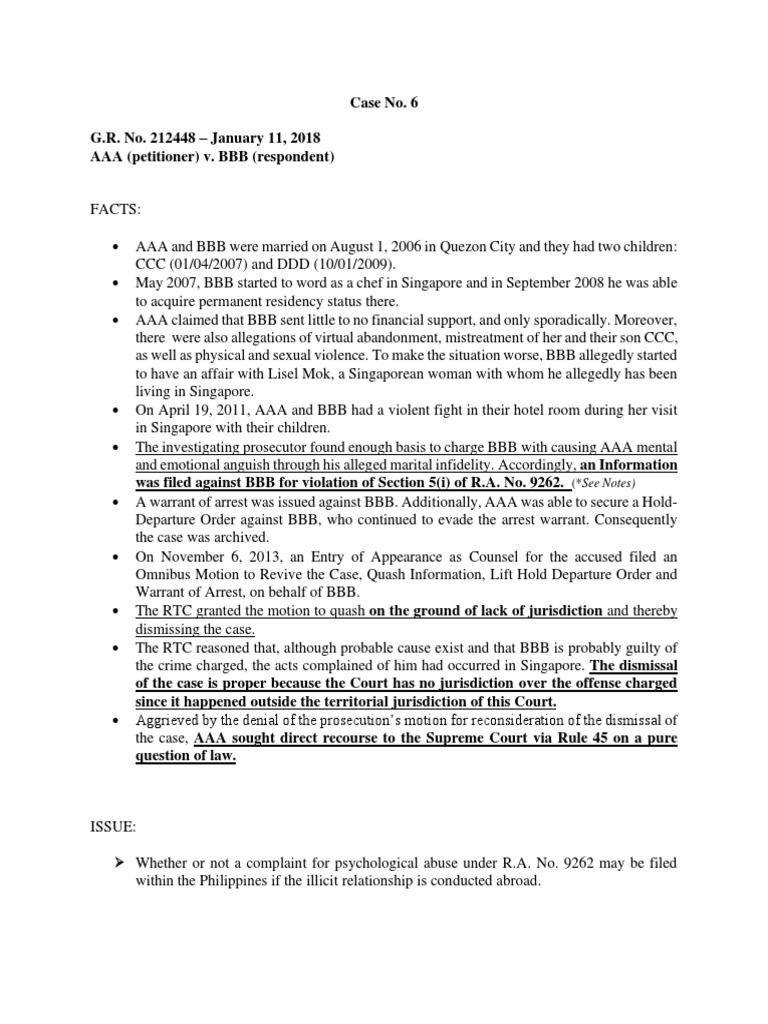 Case No. 6 - G.R. No. 212448 (AAA v. BBB) | PDF | Acquittal | Jurisdiction