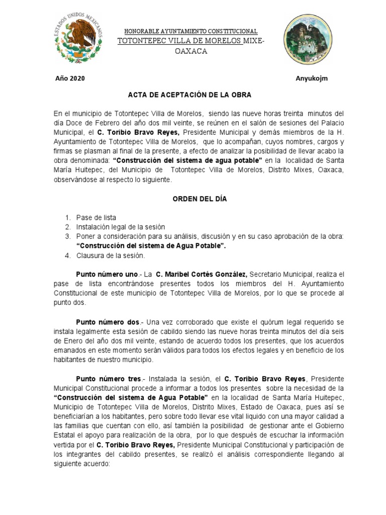 Acta de Aceptación de La Obra | PDF | Gobierno local | Gobierno