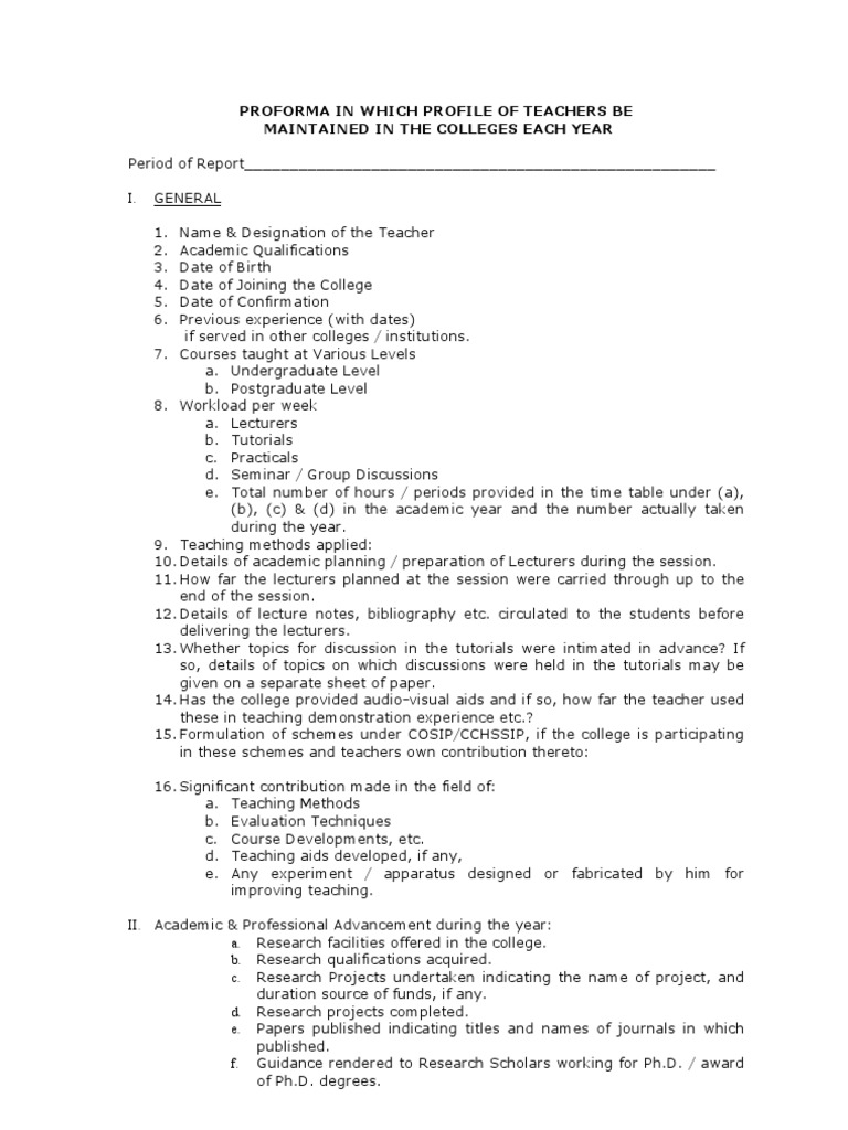 Proforma in Which Profile of Teachers Be Maintained in The Colleges ...