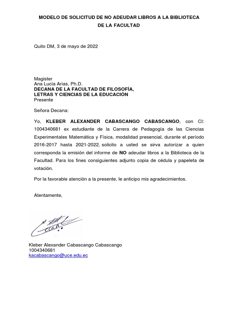 Modelo Solicitud No Adeudar Libros A Biblioteca de Facultad - 2022. | PDF