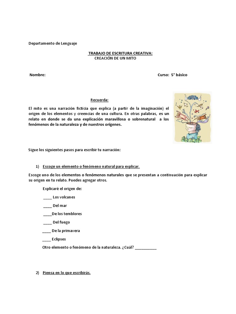 Trabajo Escritura Creativa 5° Básico Mito. | PDF | Narración