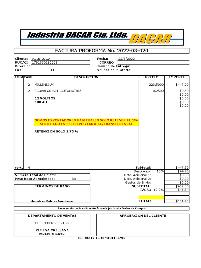 Proforma Dacar #2022-008-020 | PDF