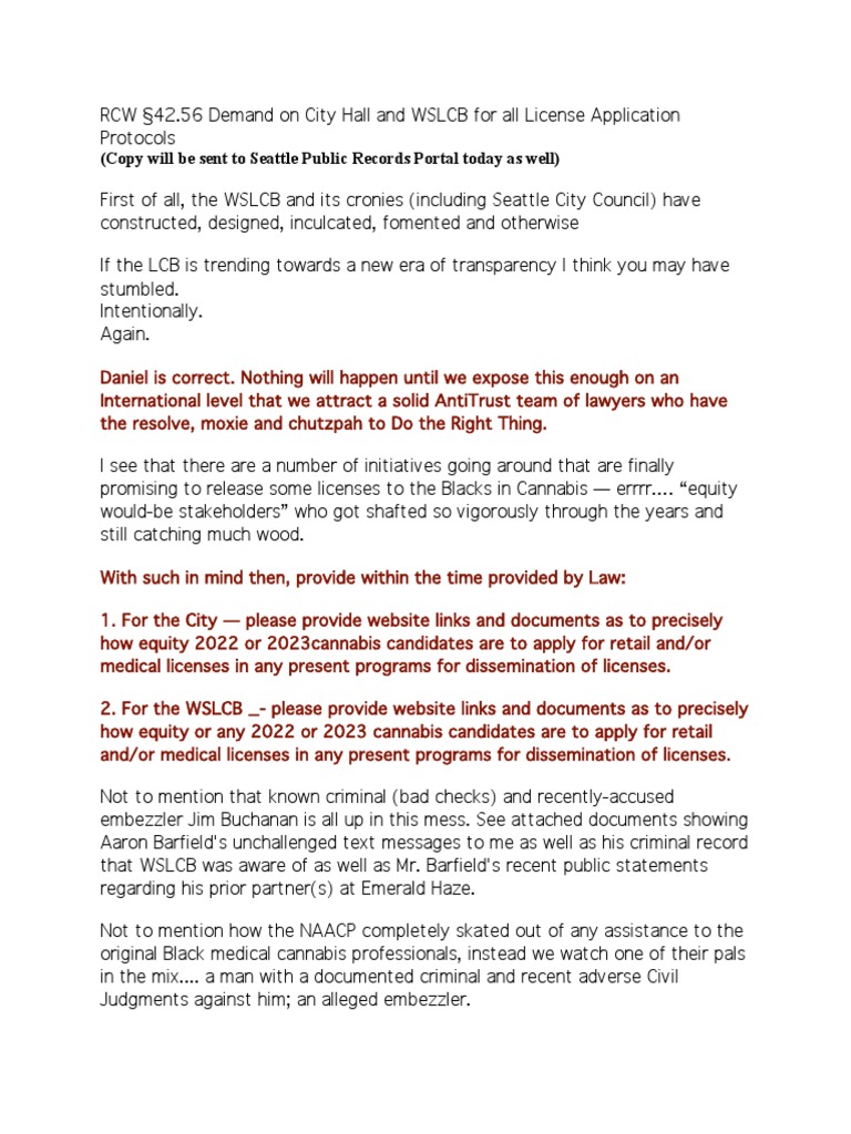 RCW 42.56 Demand On Equity Licenses and White-Owned Cannabis Compassion ...