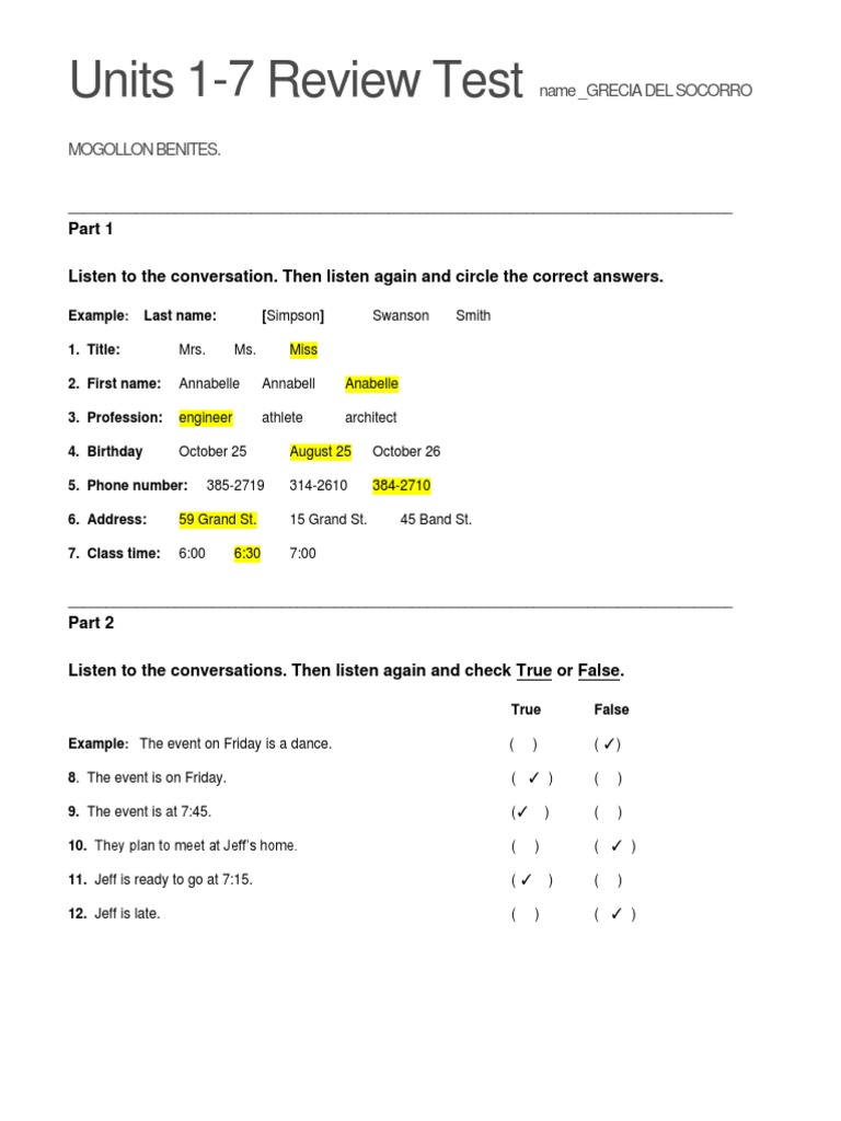 Top Notch Fundamentals Units 1-7 Assessment | PDF